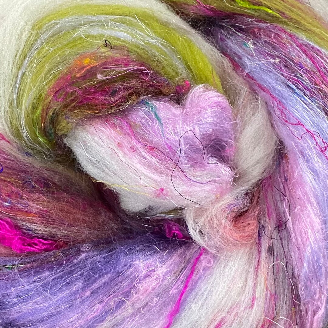 ART BATT Bloom, Shades of Pink Green Lavender Merino Silk Felting Fiber ...