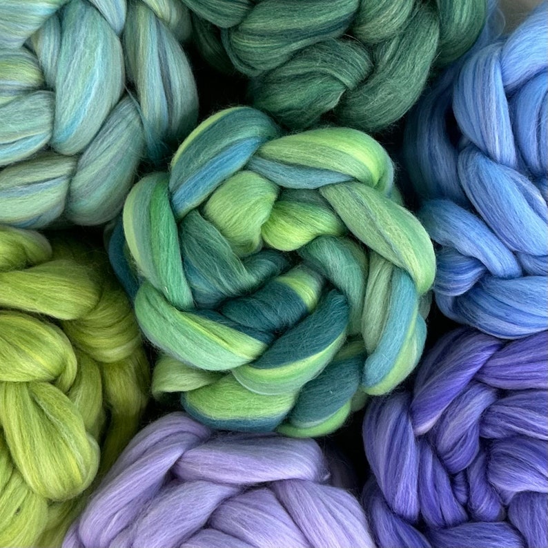 WOOL ROVING, 19 Micron Merino Blue Green Lavender Variegated Roving ...
