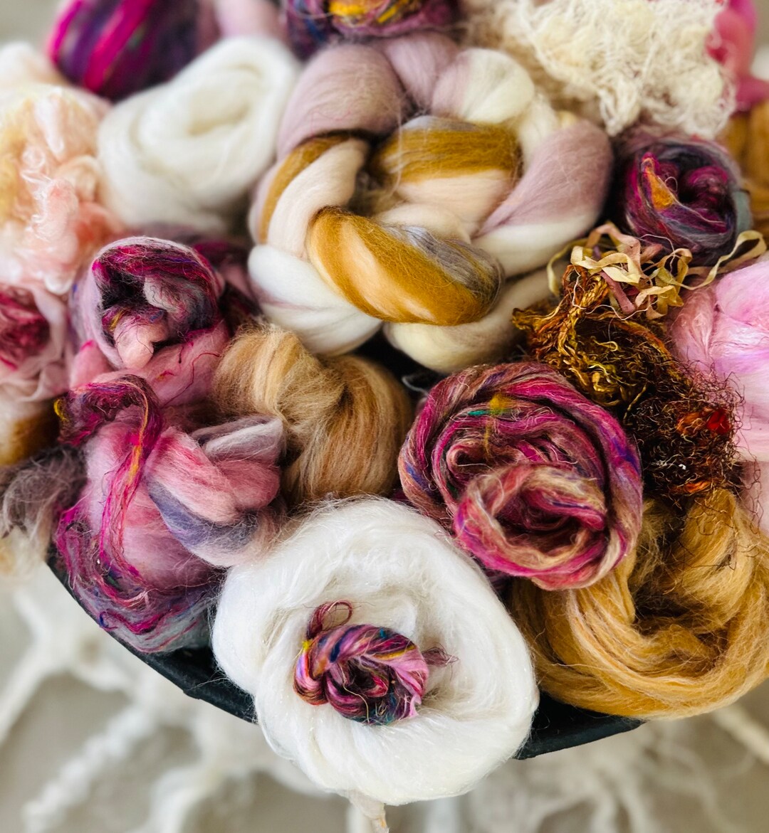 FIBER Bundle,cockleshells, Rose Saffron Art Batt Kit,wool Silk Spinning ...