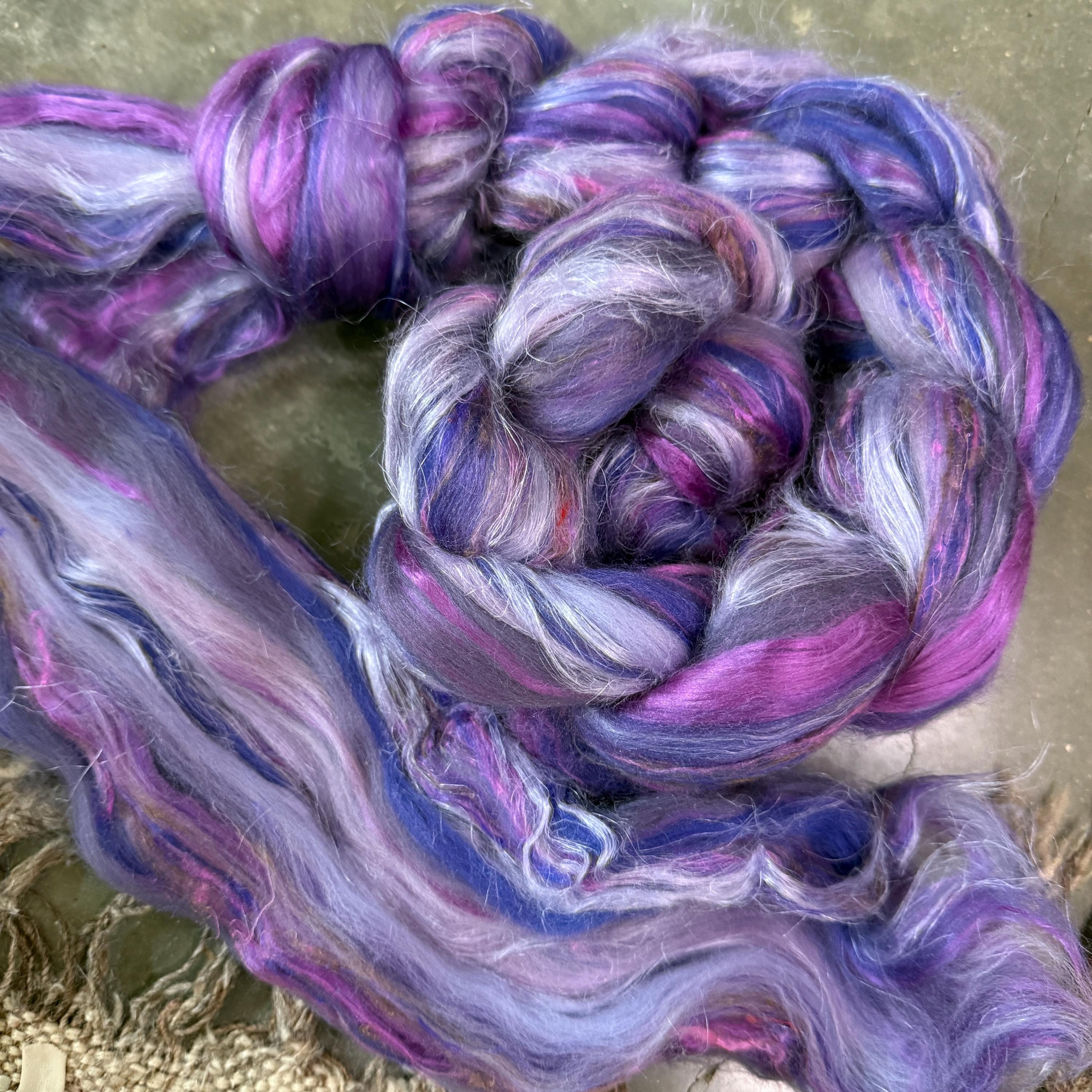 WOOL ROVING Fancy Violet, Variegated Purple Merino Silk Roving, Weaving ...