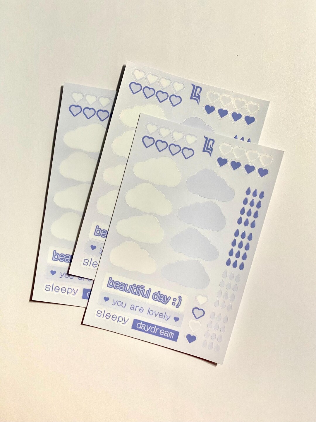 Pastel Blue Sticker Sheet: Raining Hearts, Clouds, Planner Stickers - Etsy