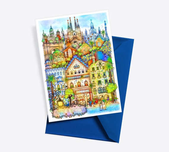 BARCELONA Postcard Spain Travel Card Barcelona Illustration | Etsy