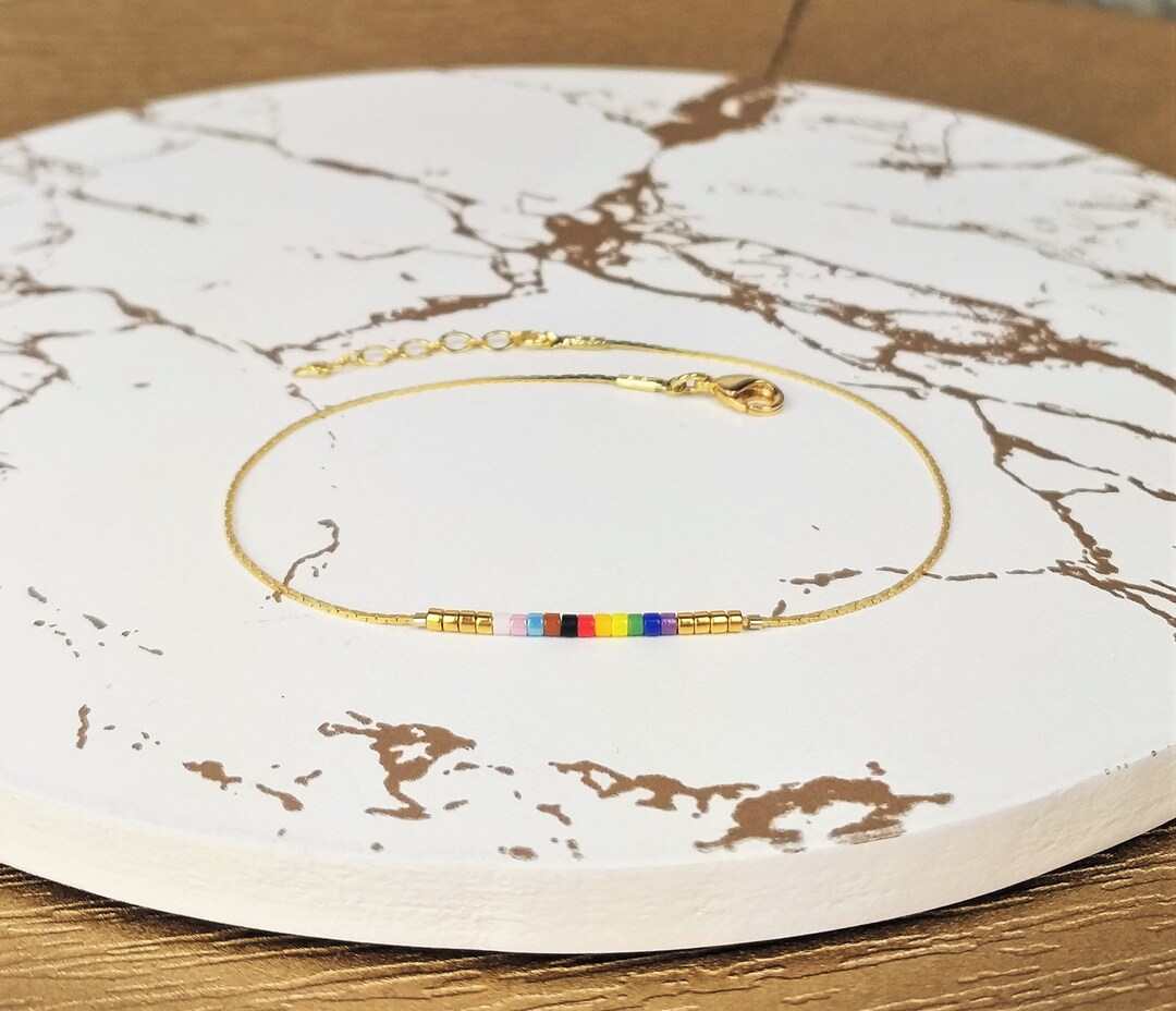 Progress Pride Flag Bracelet Gold Chain, Subtle LGBTQ Jewelry Dainty Discreet Rainbow Bracelet ...