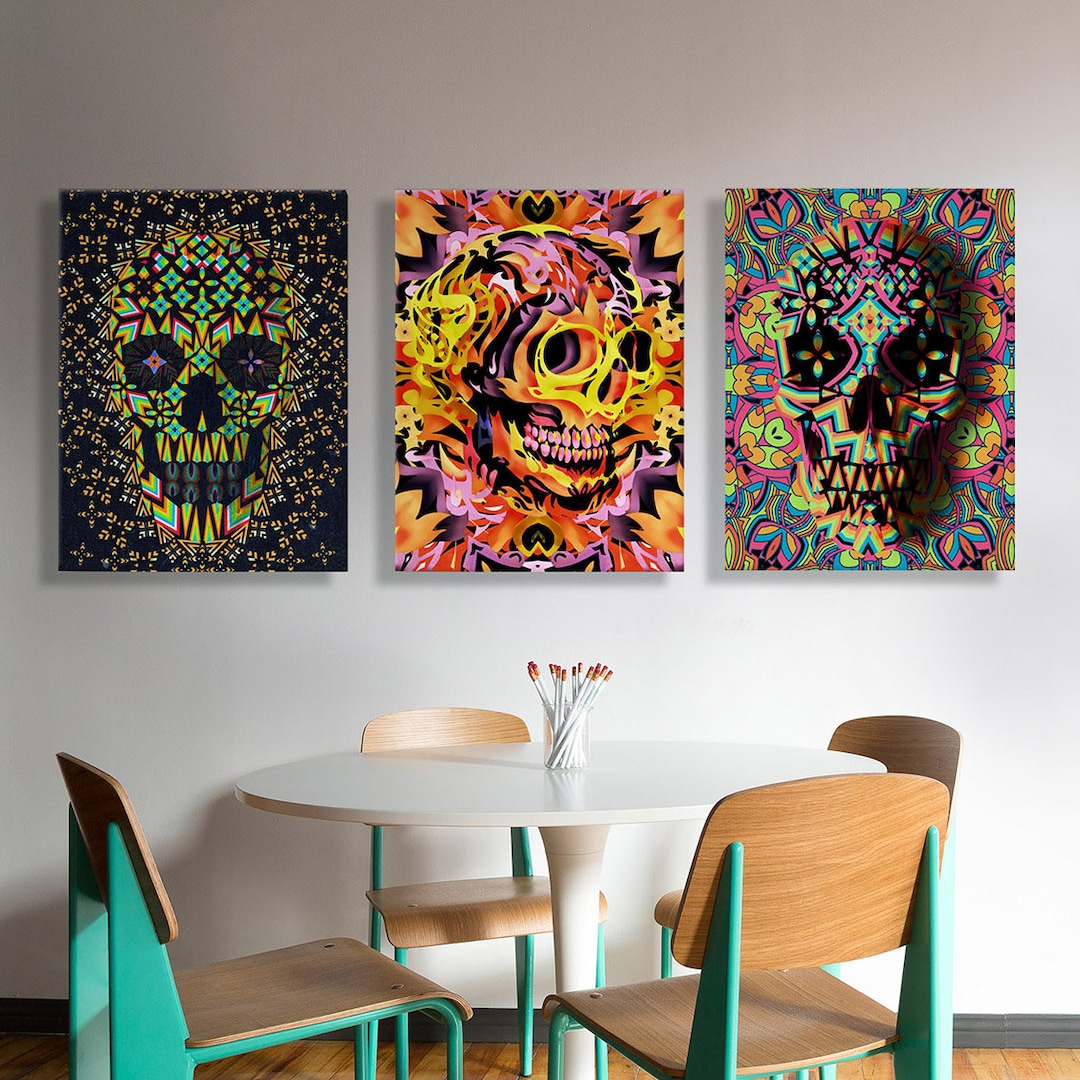 Colorful Sugar Skull Canvas Print Set: Abstract Modern Art, Home Decor ...