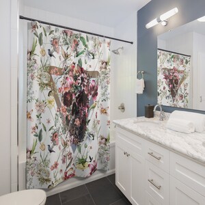 Flower Skull Shower Curtain, Boho Shower Curtain Bathroom Decor, Gothic ...