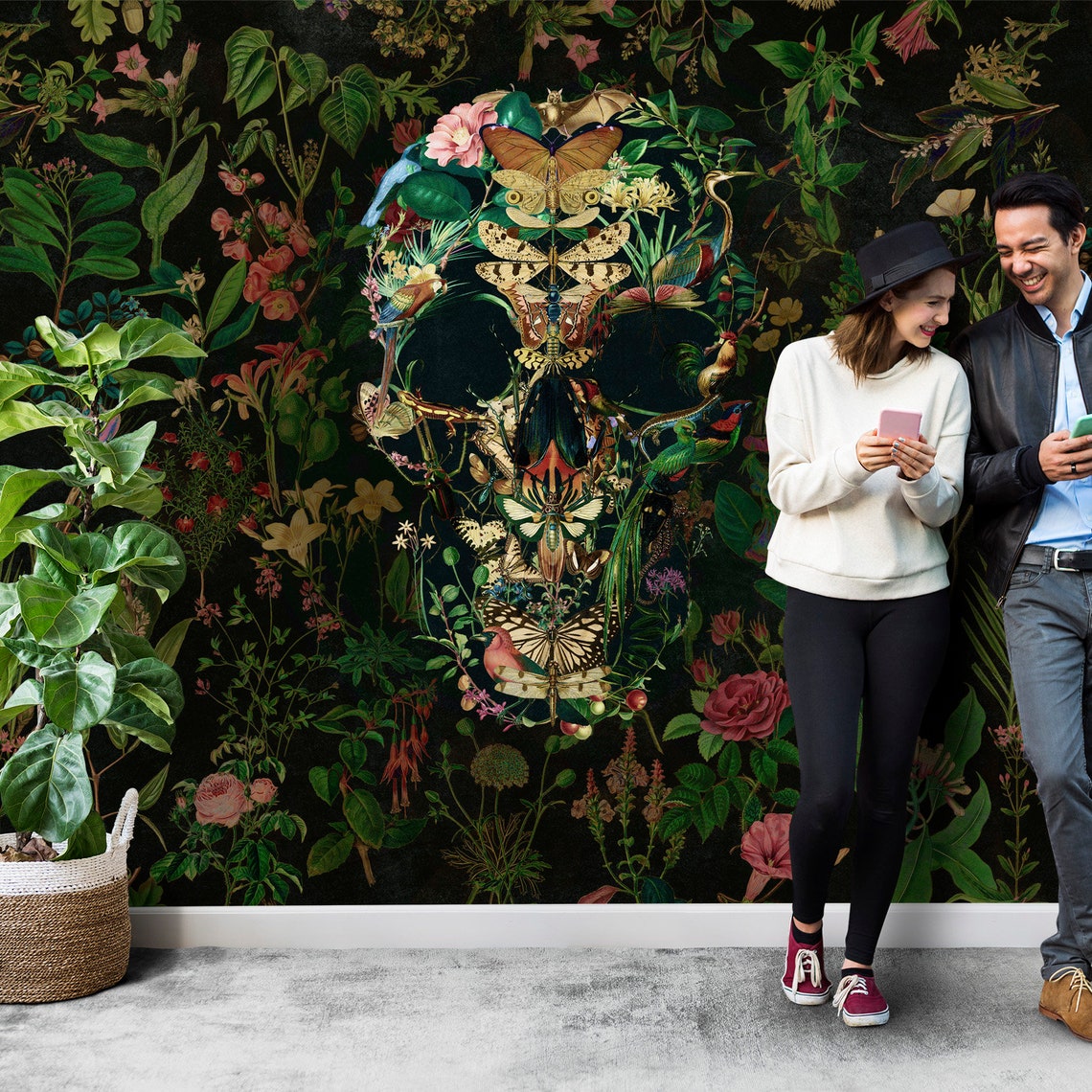 Floral Wallpaper Skull Home Decor Flower Skull Art Print | Etsy