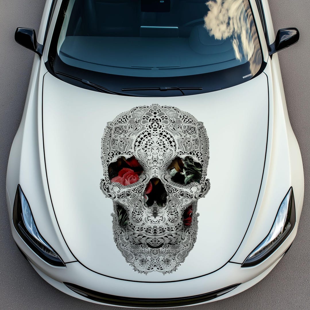 Skull Car Hood Decal, Skull Art Hood Sticker, Black and White Sugar ...