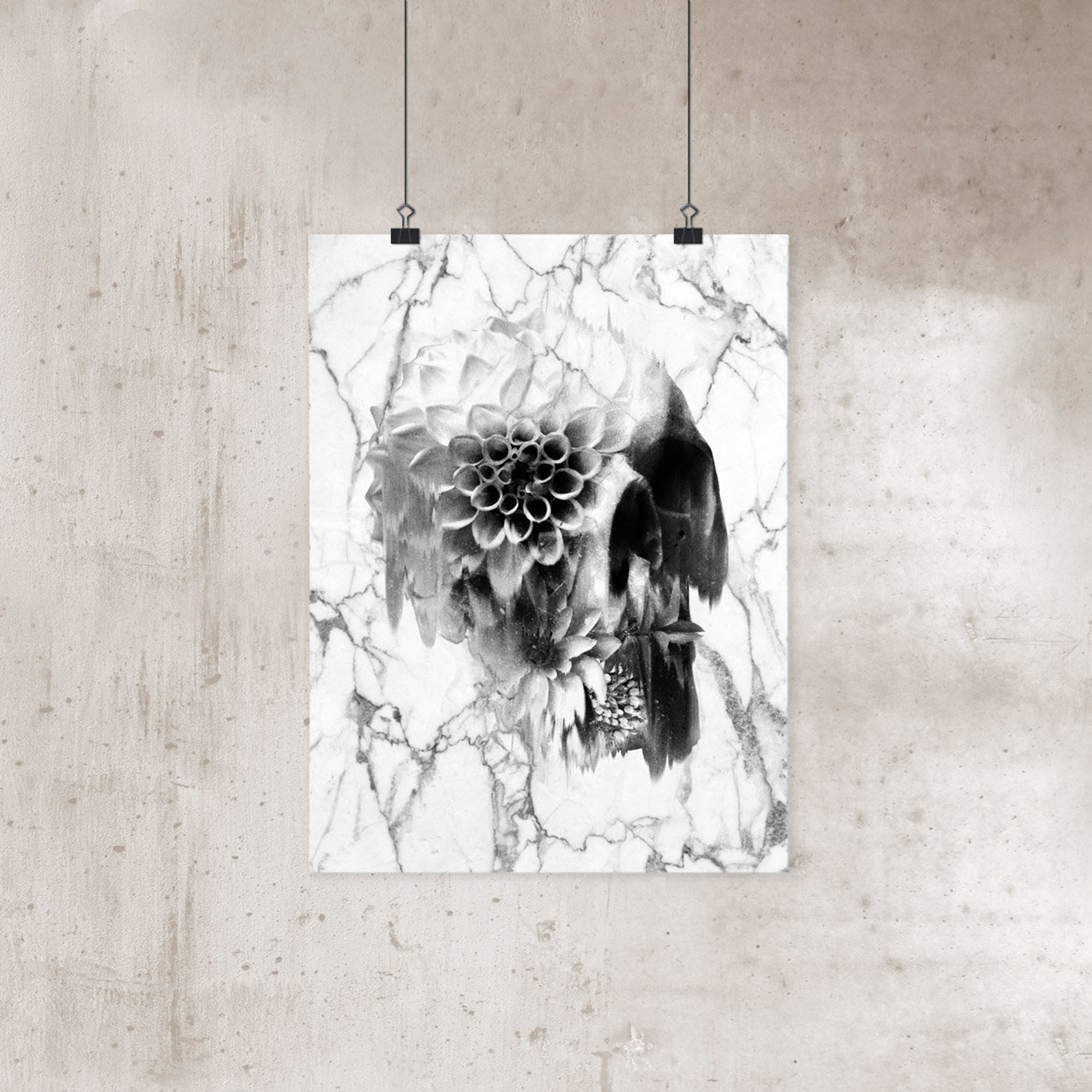 Set of 2 Marble Skull Poster Black and White Flower Skull Art - Etsy