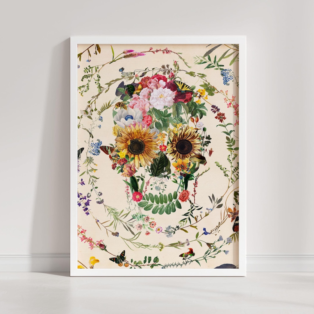 Floral Skull Art Poster, Sugar Skull Home Decor, Boho Skull Art Gift ...