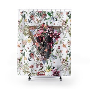 Flower Skull Shower Curtain, Boho Shower Curtain Bathroom Decor, Gothic ...