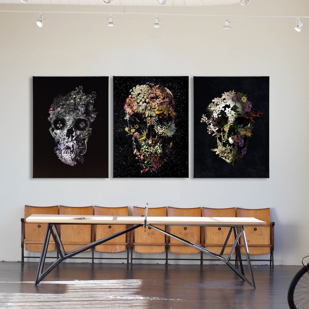 Set of 3 Canvas Skull Art Print, 3 Piece Sugar Skull Print Canvas Home ...