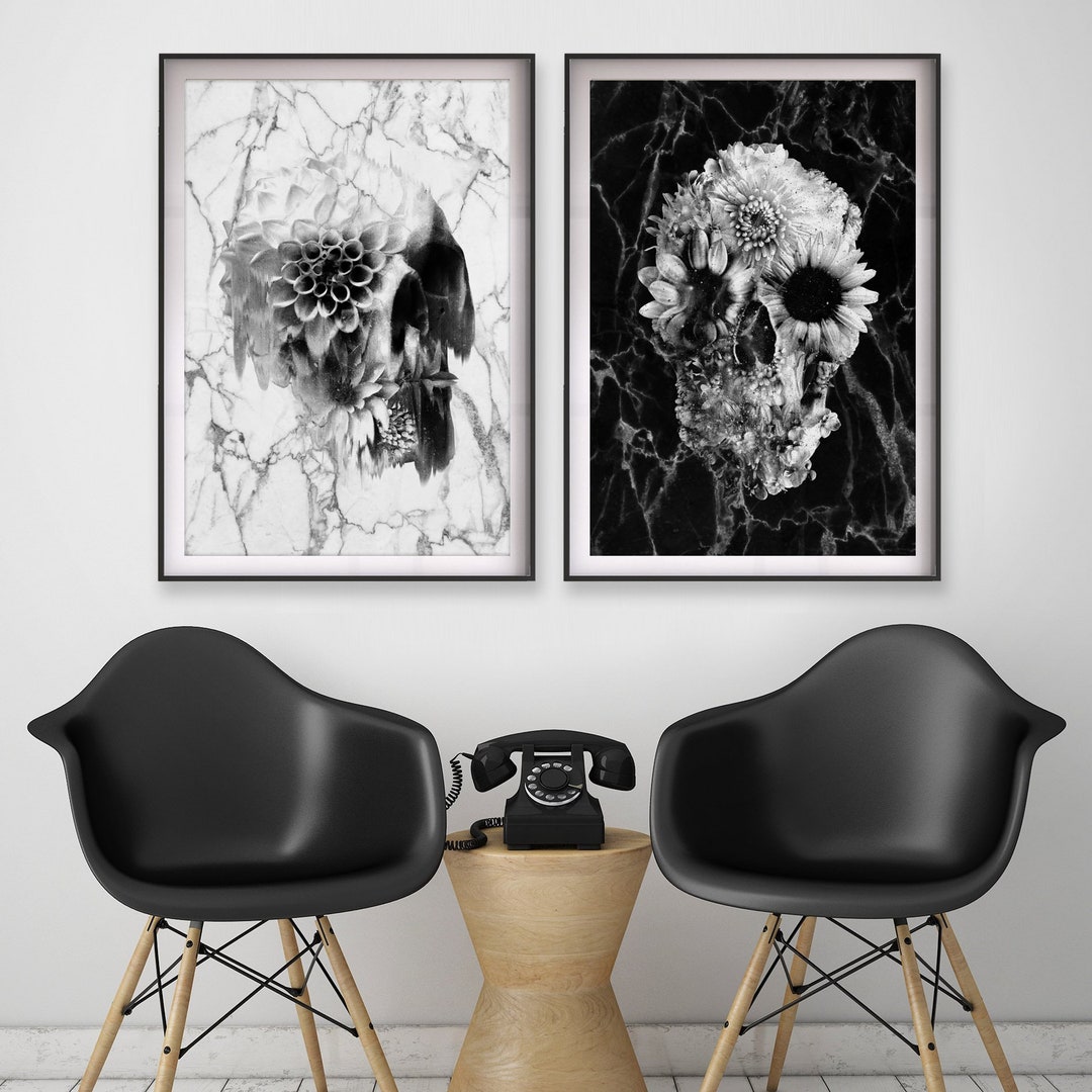 Set of 2 Marble Skull Poster, Black and White Flower Skull Art Print ...