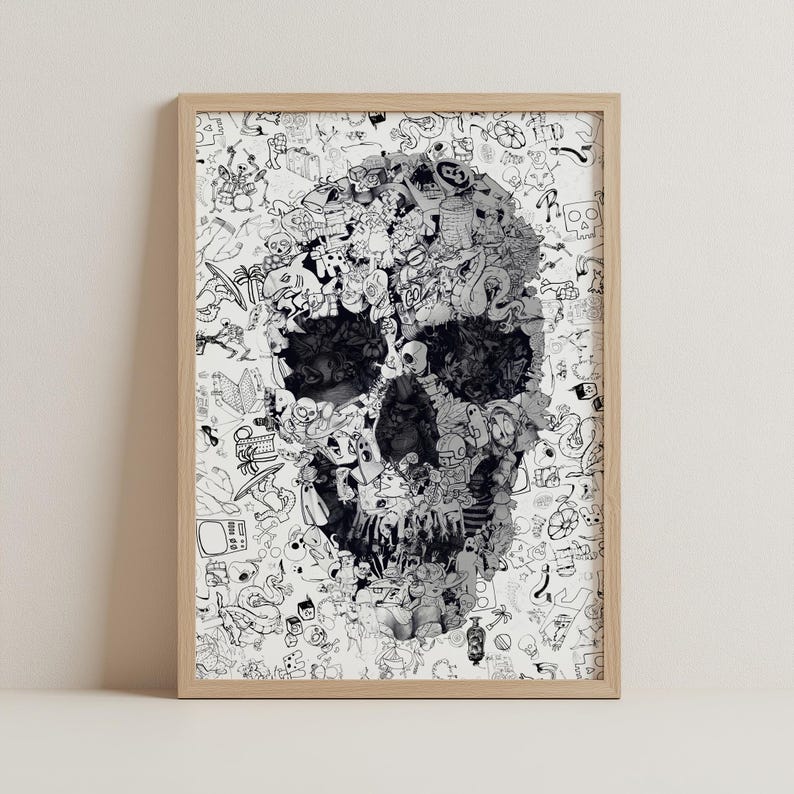 Intricate Skull Doodle Artwork | Black & White Design | Canvas and ...