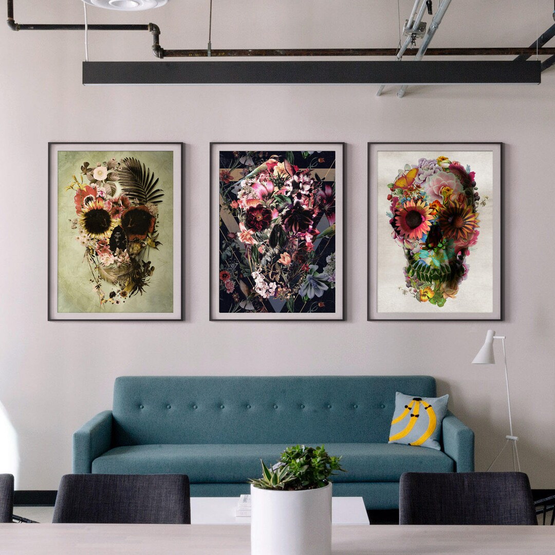 Set of 3 Skull Art Prints, Flower Skull Home Decor Set, Floral Skull ...