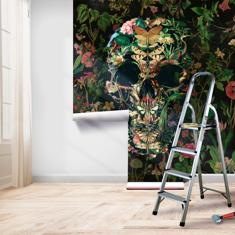 Floral Wallpaper Skull Home Decor Flower Skull Art Print | Etsy