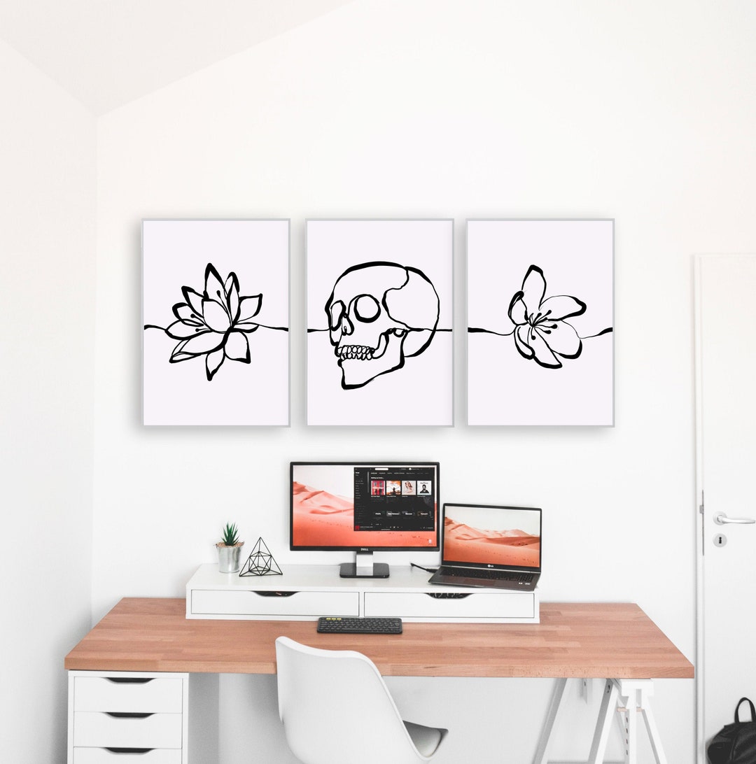 Set of 3 Skull Art Print, Line Art Skull Poster Set Home Decor, Floral ...