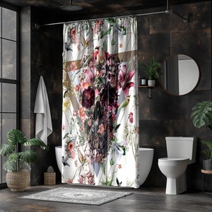 Flower Skull Shower Curtain, Boho Shower Curtain Bathroom Decor, Gothic ...