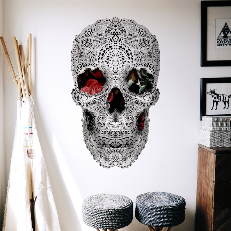 Lace Wall Decal Lace Skull Drawing Wall Sticker Black and - Etsy