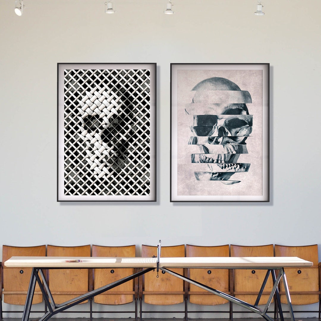 Skull Print Set, Set of 2 Skull Prints, Modern Skull Home Decor ...