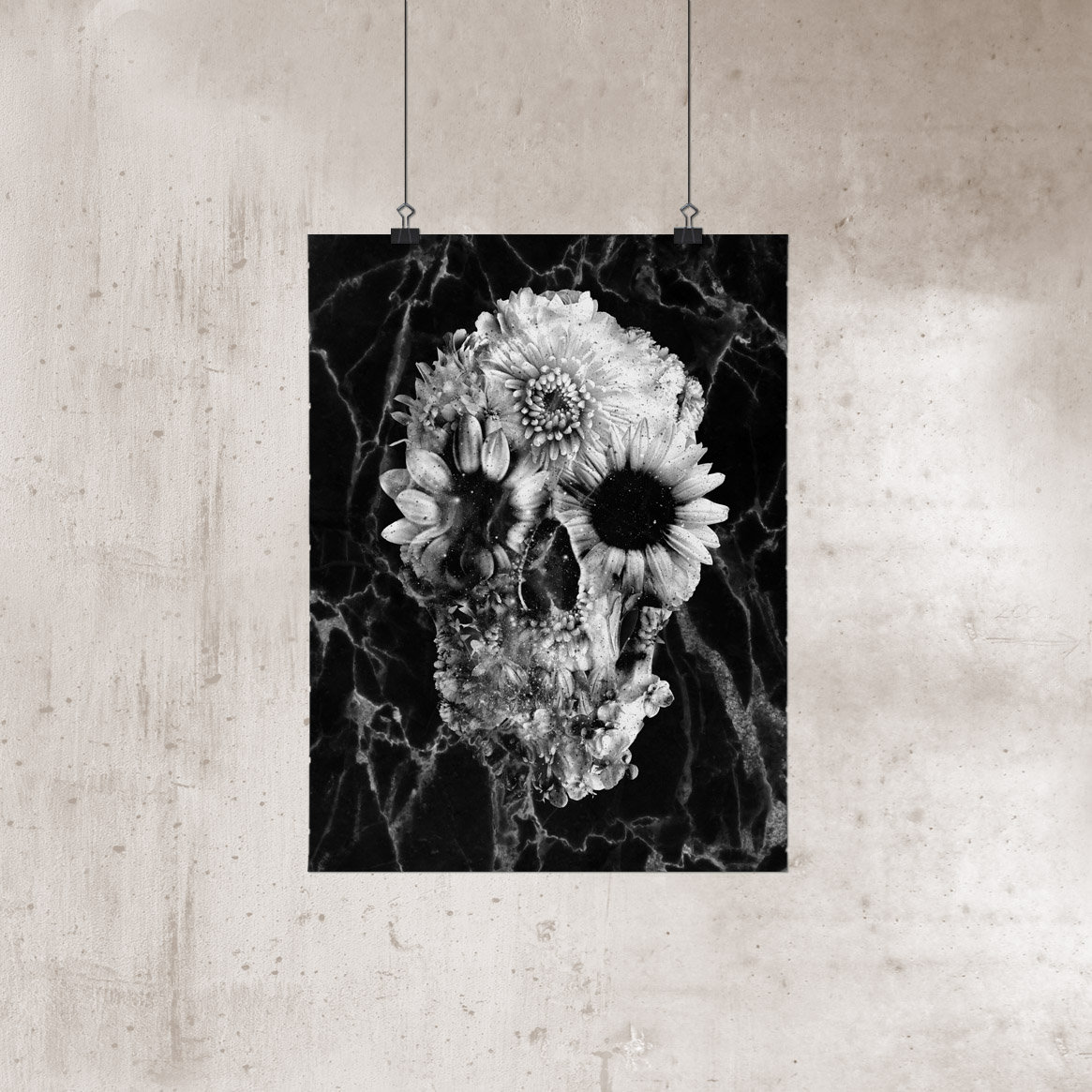 Set of 2 Marble Skull Poster Black and White Flower Skull Art - Etsy