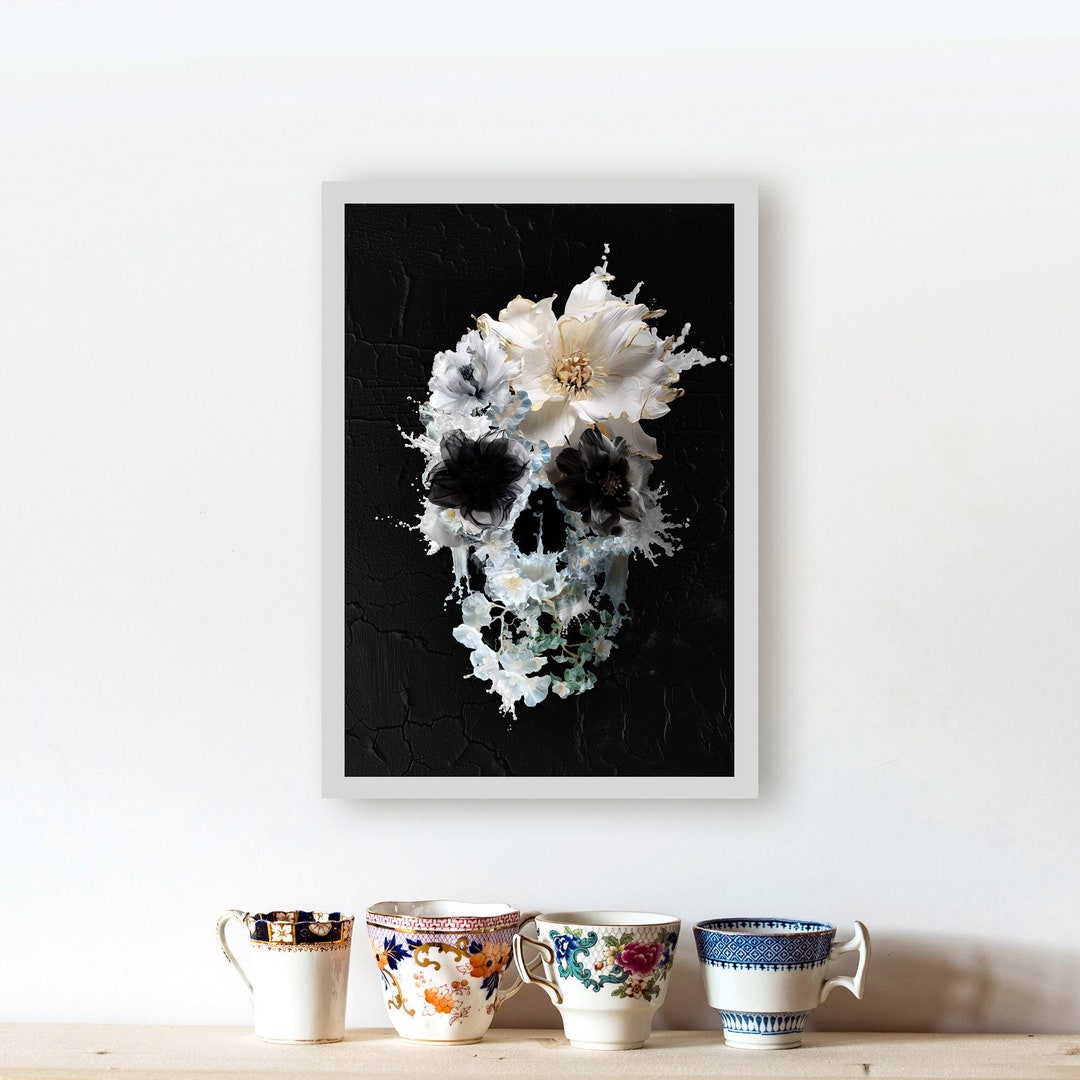 Bloom Skull Poster, Sugar Skull Art Print, Black and White Skull Wall ...