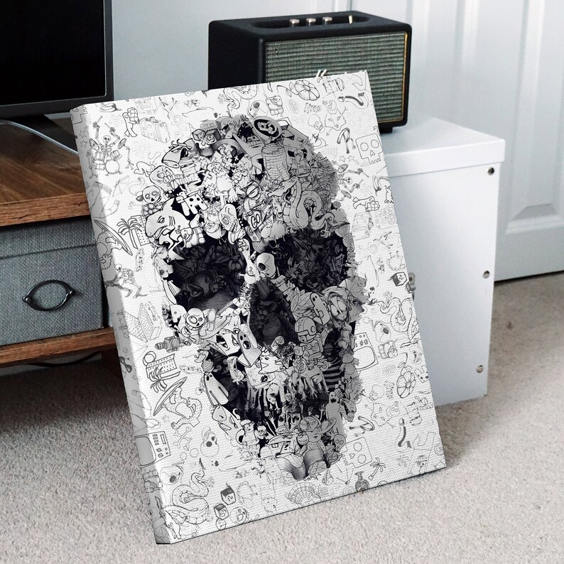 Doodle Skull Canvas Print: Black and White Skull Wall Art - Etsy