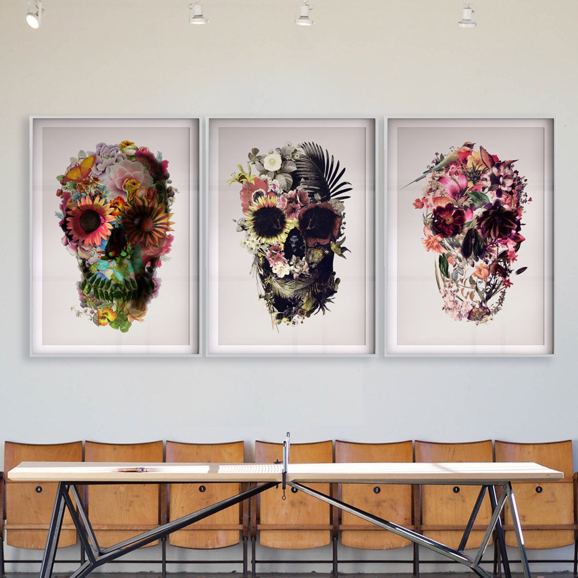 Set of 3 Skull Art Print Flower Skull Art Poster Set Home - Etsy