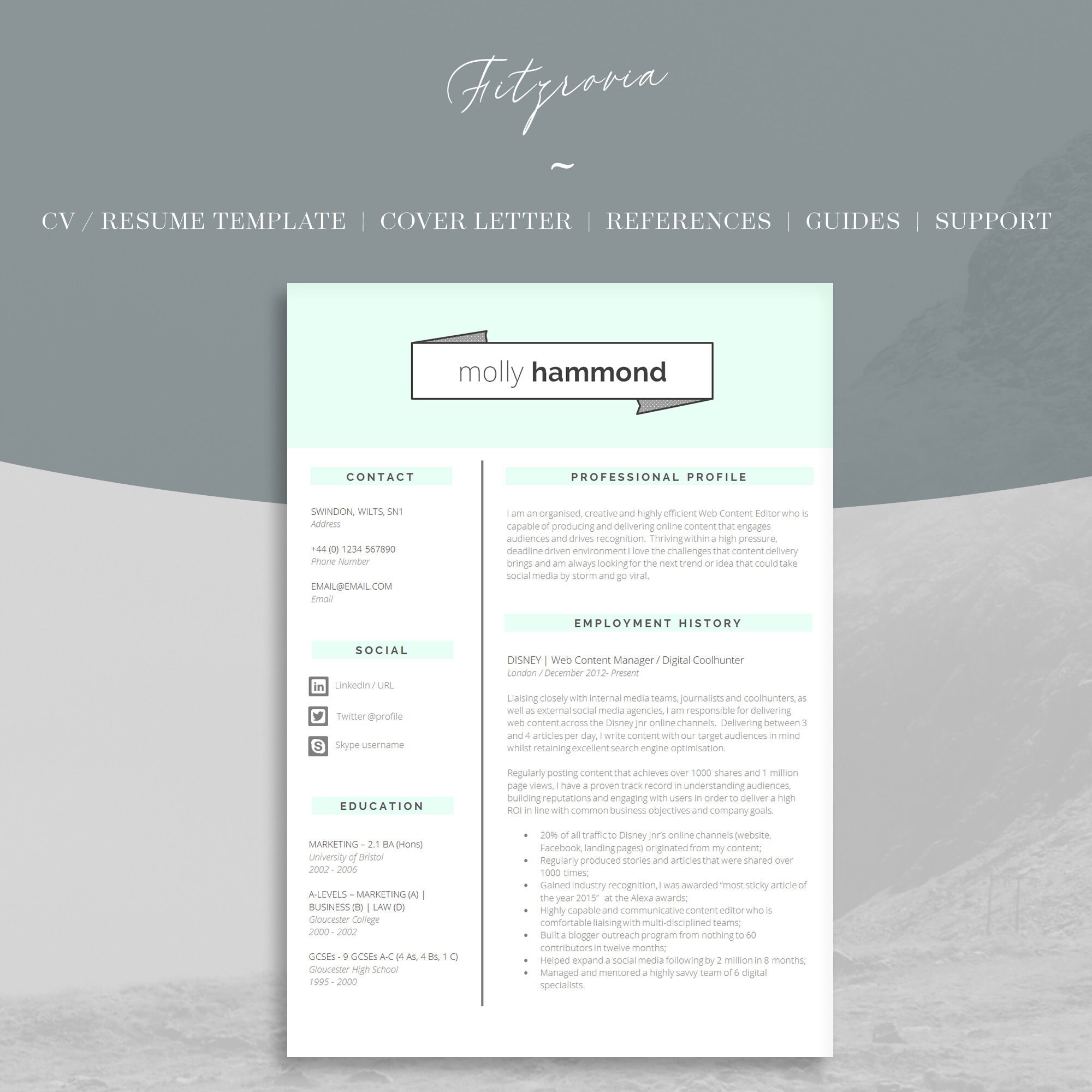 Mint Green Resume Template Creative 2 Page CV Template - Etsy UK