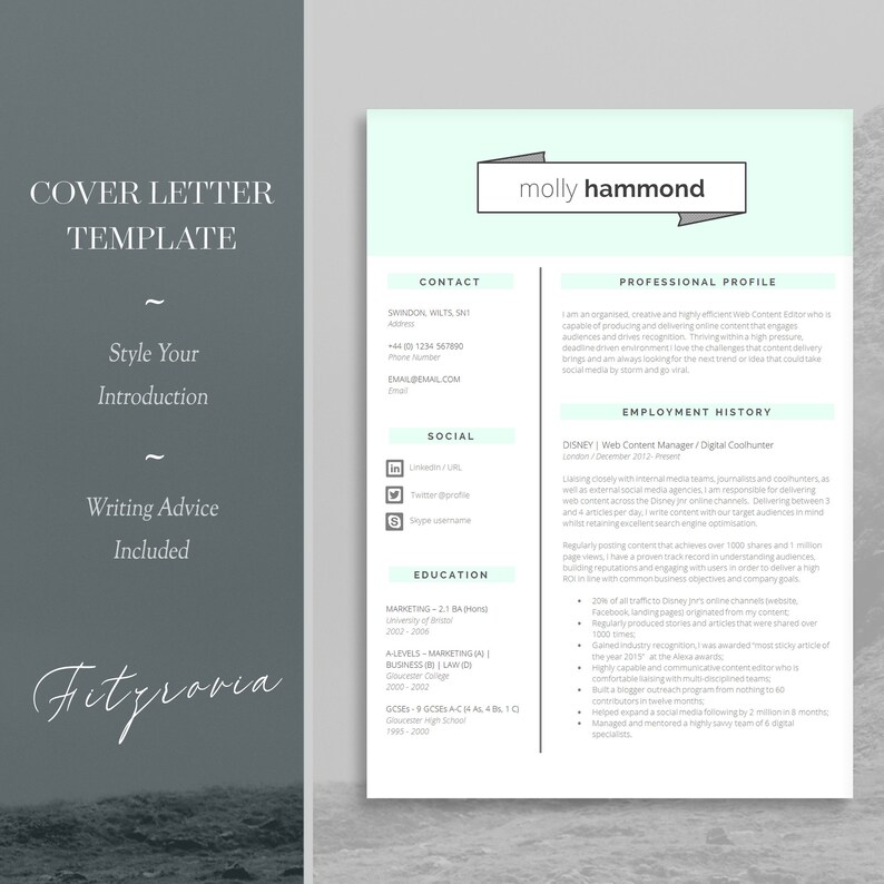 Mint Green Resume Template Creative 2 Page CV Template | Etsy