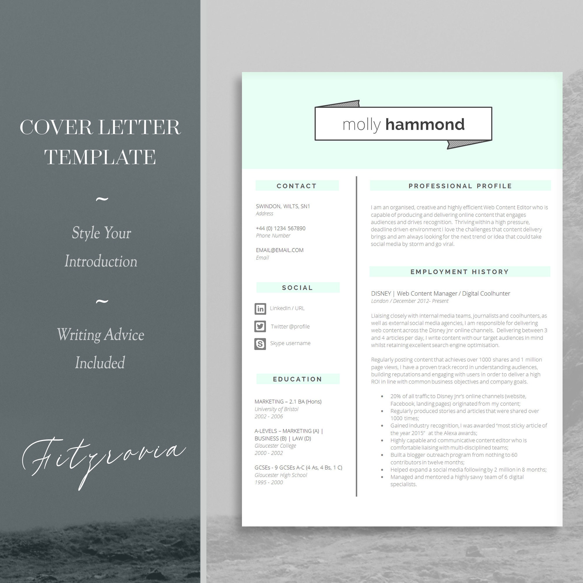 Mint Green Resume Template Creative 2 Page CV Template - Etsy