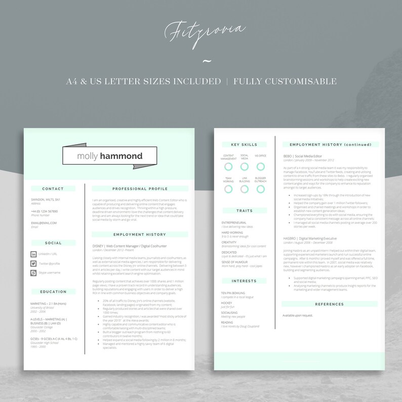 Mint Green Resume Template Creative 2 Page CV Template Stylish Resume ...