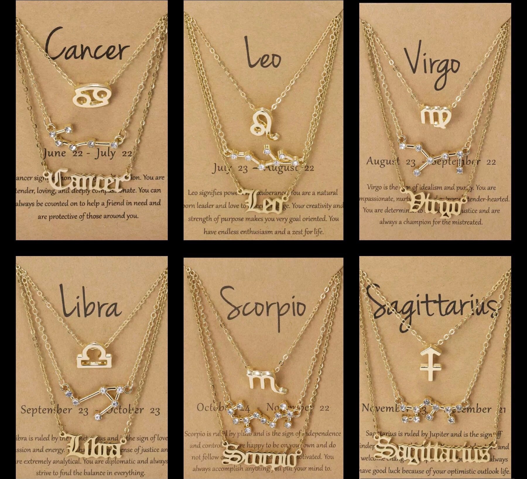 Gold Zodiac Sign Layered Necklace Birth Sign 3 Tier Necklace | Etsy