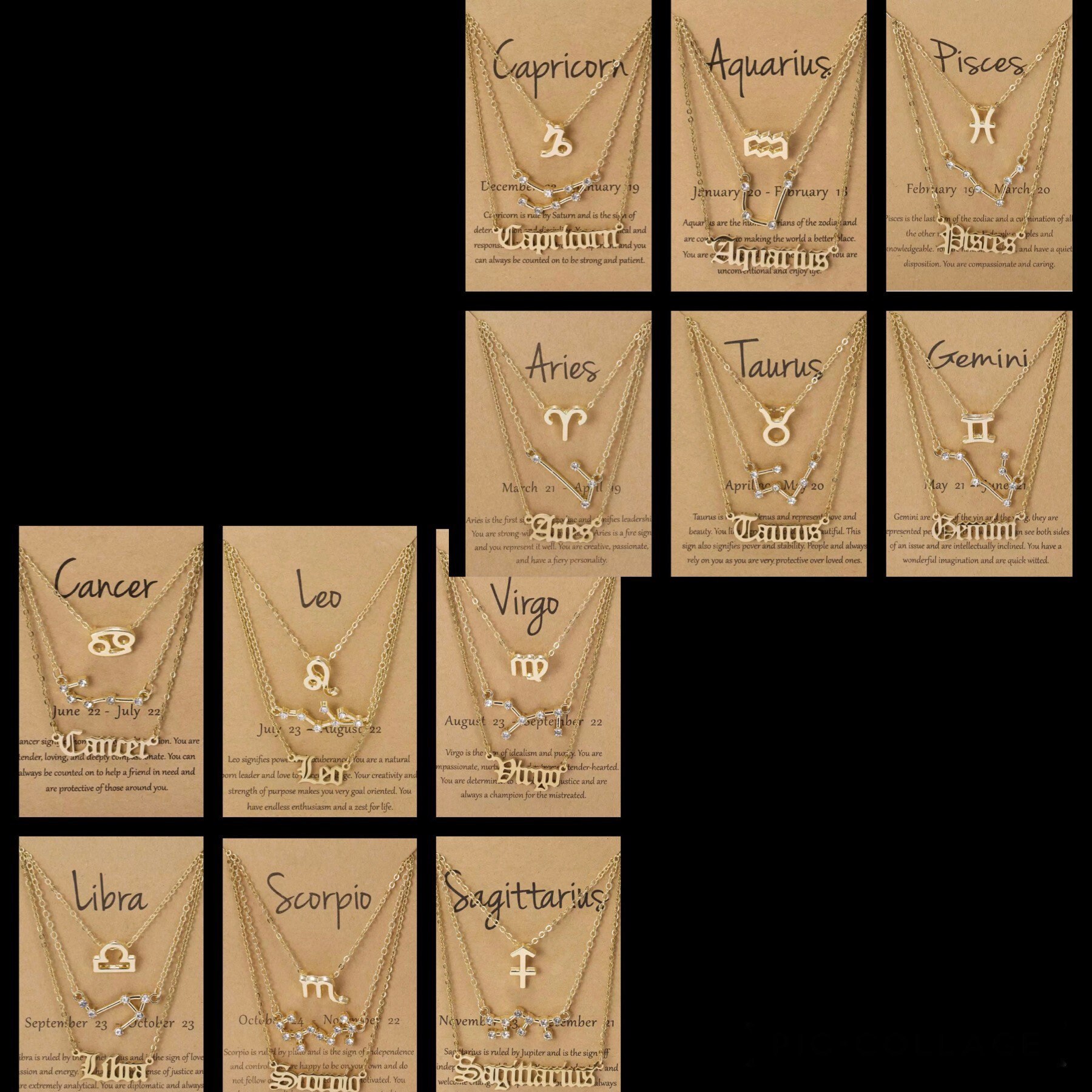 Gold Zodiac Sign Layered Necklace Birth Sign 3 Tier Necklace | Etsy