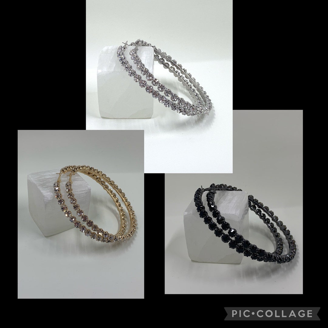 Statement Crystal Hoops Earrings, Hoop Earrings, Black Hoop Earrings ...
