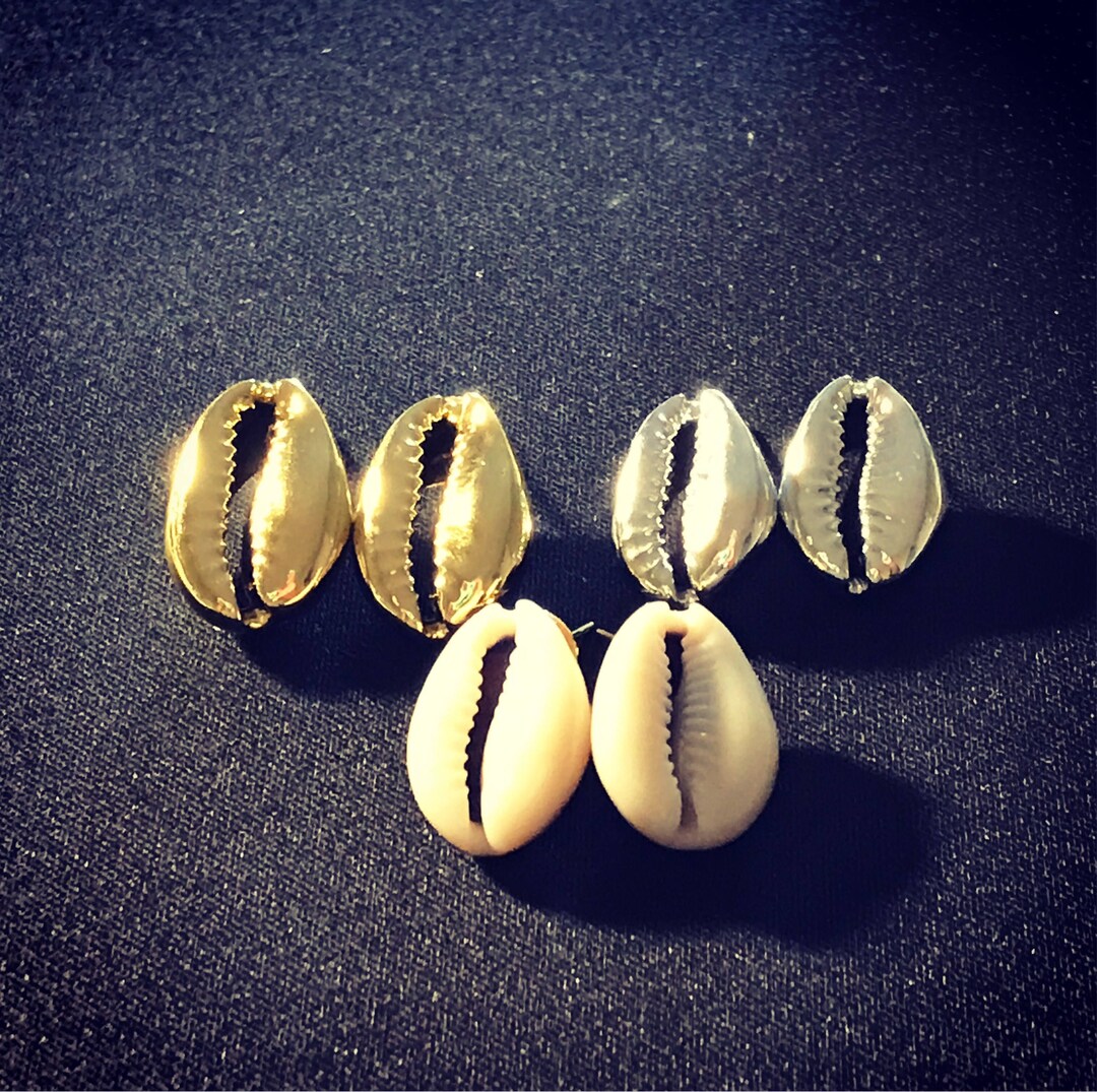Silver, Gold and Natural Cowrie Shell Stud Earrings - Etsy