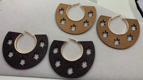 Marijuana Leaf Wood/gold Hoop Earrings Weed Leaf Wood Hoop | Etsy