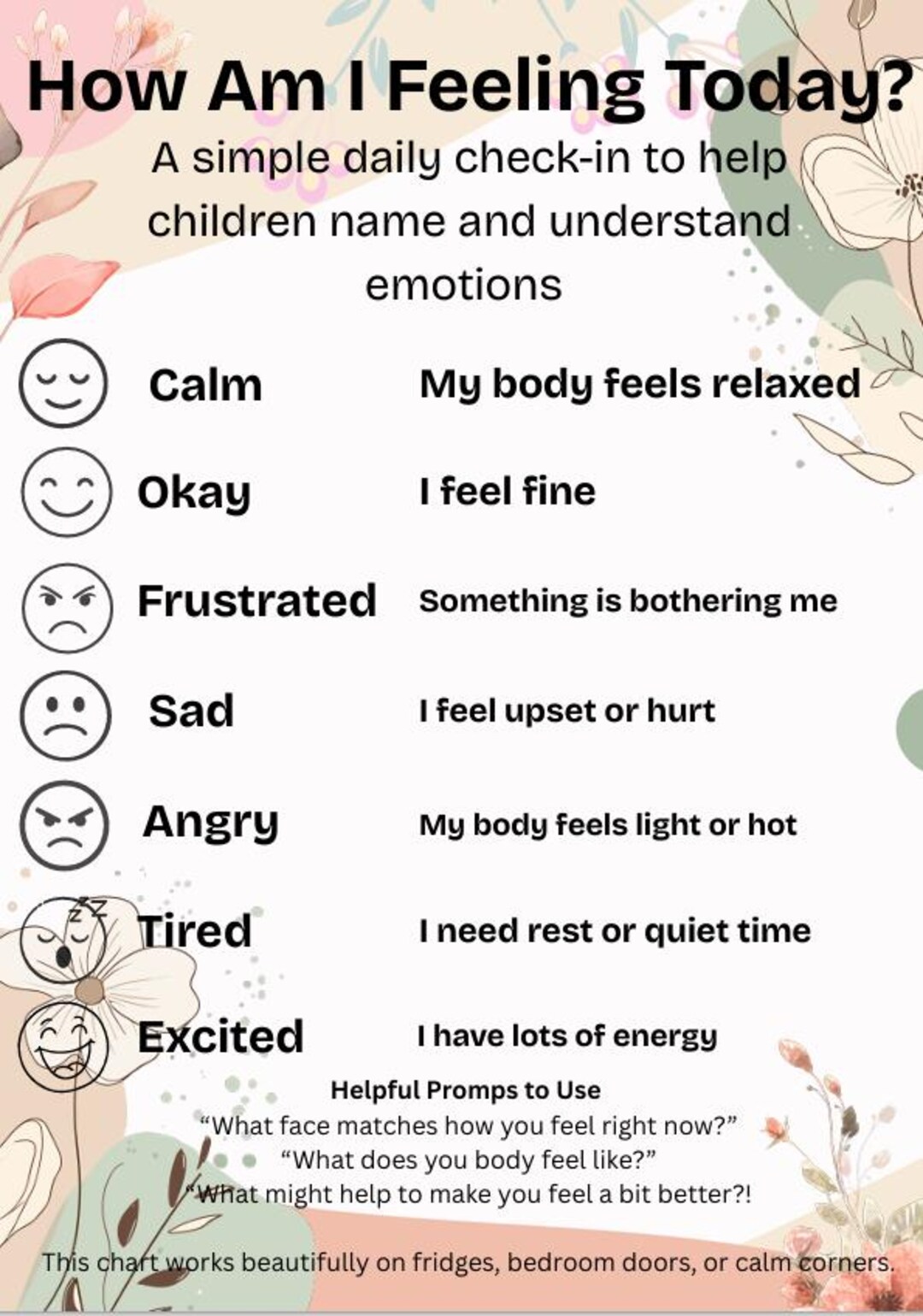 Feelings Check-in Chart for Kids | A4 PDF Printable - Etsy