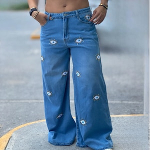Evil Eye Embroidered Jeans - Etsy