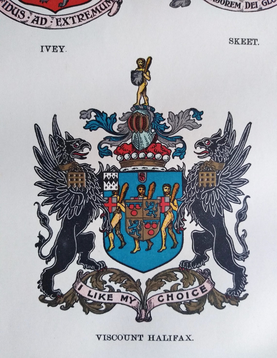 Antique Coat of Arms for Ivey, Skeet and Viscount Halifax, Colour ...