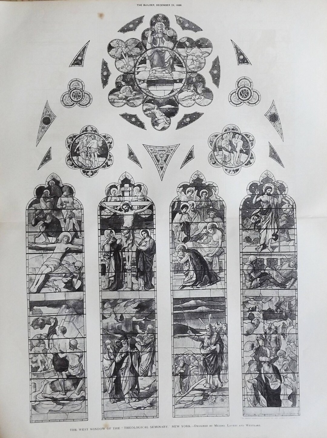 1888 Antique Ink Photo Lithograph Stained Glass Window Design by Lavers ...