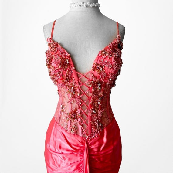 Vintage Pink Silk Floral Beaded Bustier Corset Ruffle… - Gem