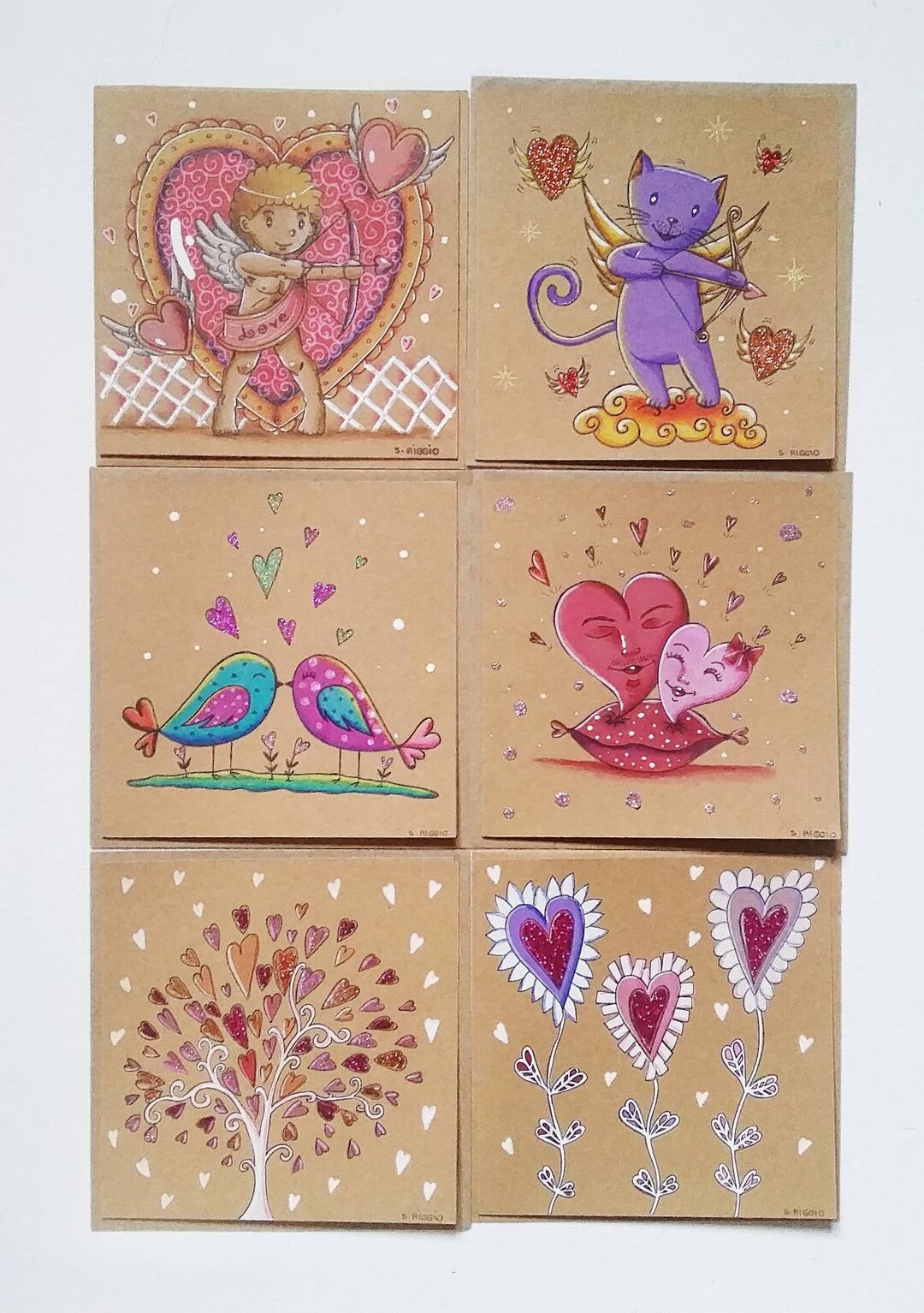 Valentine's Day Cards With Heart Motifs, Cupid, Cat, Birds and Tree ...