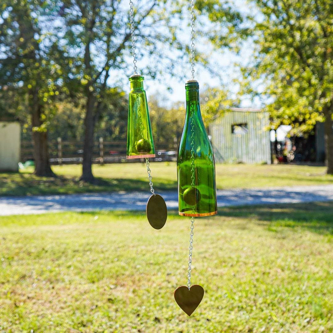 Green Glass Pyramid and Wine Bottle Wind Chimes - Gift for Mom - Garden ...