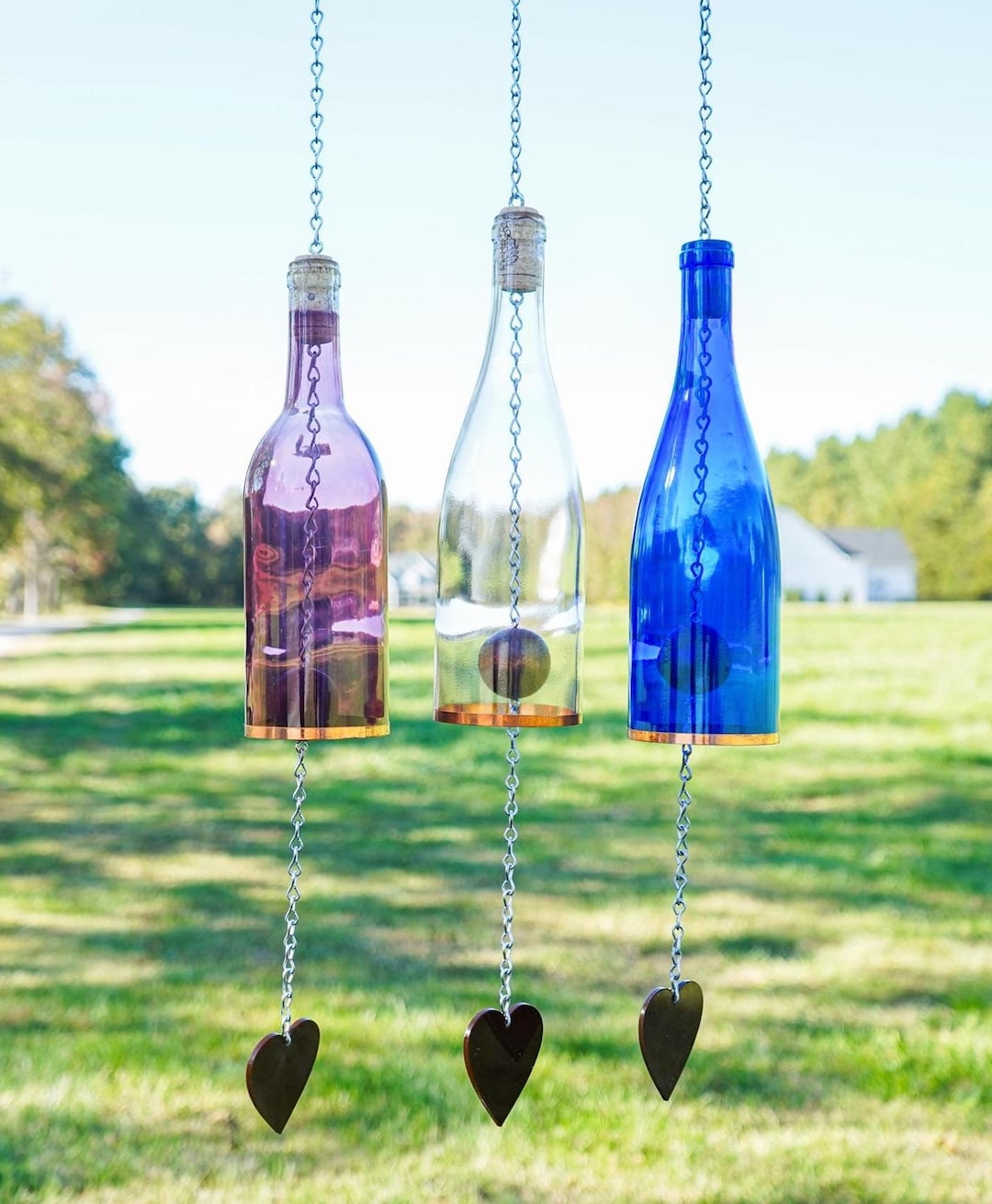 Three Glass Wine Bottle Wind Chimes - Gift for Mom - Garden Gift ...