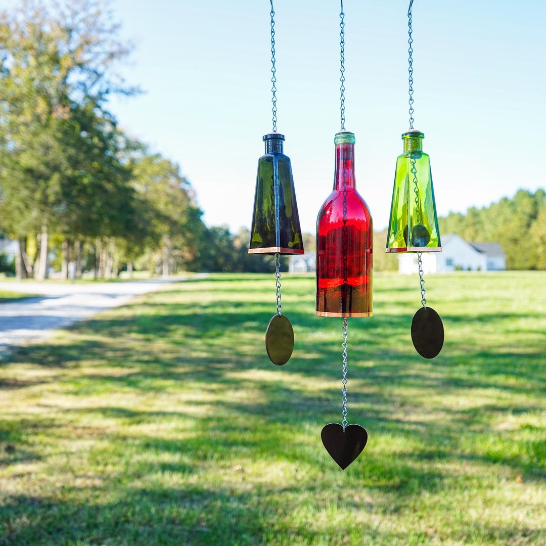 Set of Three Glass Pyramid and Wine Bottle Wind Chimes - Gift for Mom ...