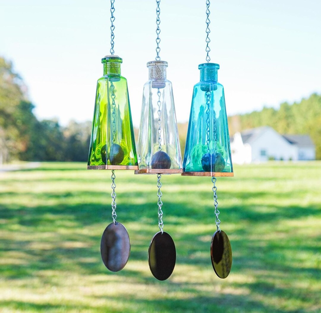 Handmade Pyramid Bottle Wind Chimes: Lime Green, Clear, Aqua Glass - Etsy