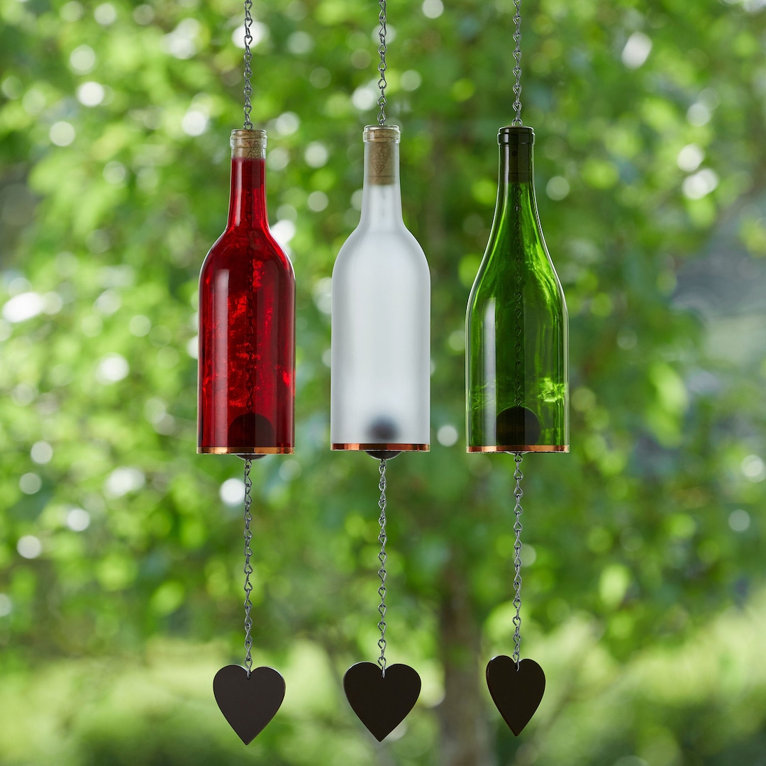 Three Glass Wine Bottle Wind Chimes Gift for Mom Garden Gift Outdoor ...