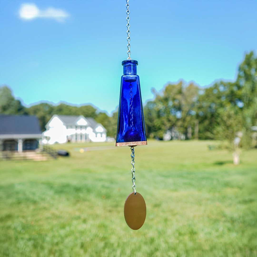 Wind Chime Made From Cobalt Blue Pyramid Glass Bottle With Copper Trim ...