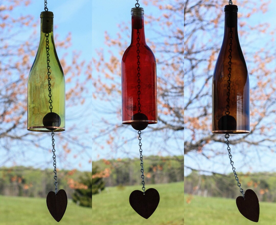 Three Glass Wine Bottle Wind Chimes Gift for Mom Garden Gift Outdoor ...