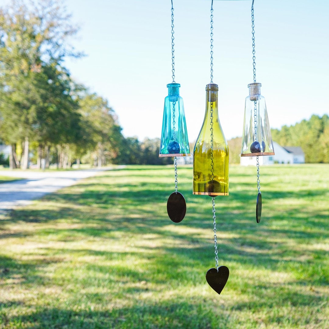 Set of Three Glass Pyramid and Wine Bottle Wind Chimes - Gift for Mom ...